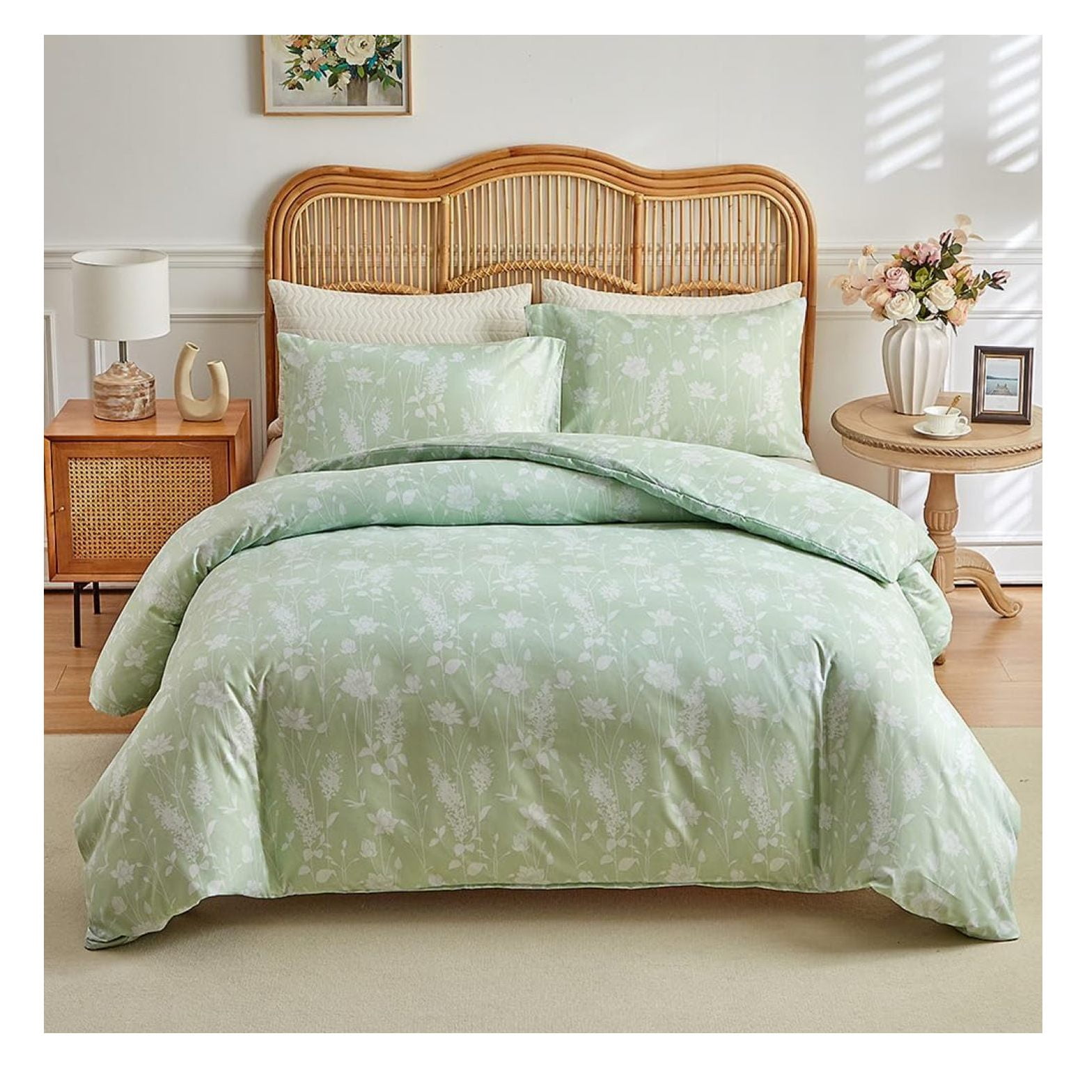 Sage Green Floral Comforter Set Queen Soft Microfiber Chic Garden ...