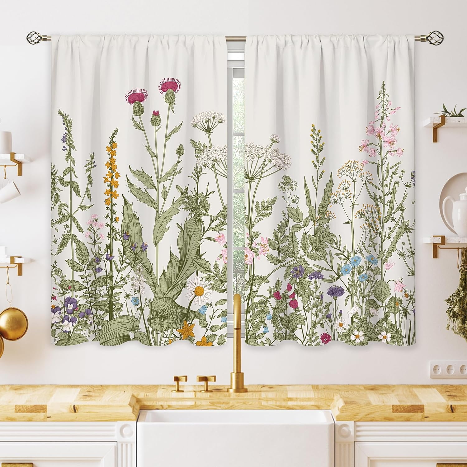 Sage Green Floral Kitchen Curtains Plant Small Window Treatment Leaf ...