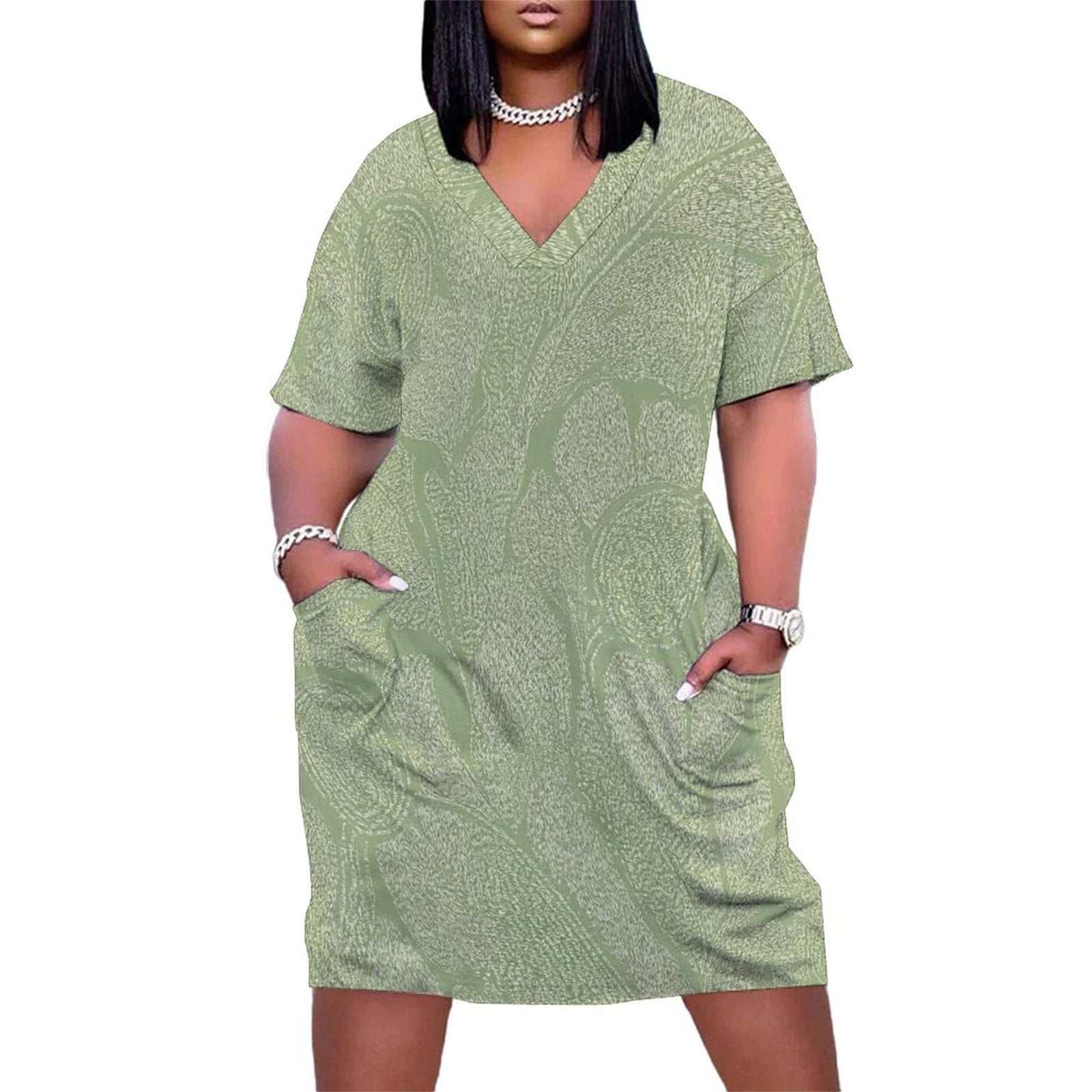 Sage Green Floral Pattern Textile Loose Pocket Dress Dresses Summer ...