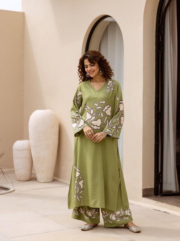Sage Green Floral Placement Kurta-Palazzo Set with Sequin Detail in ...