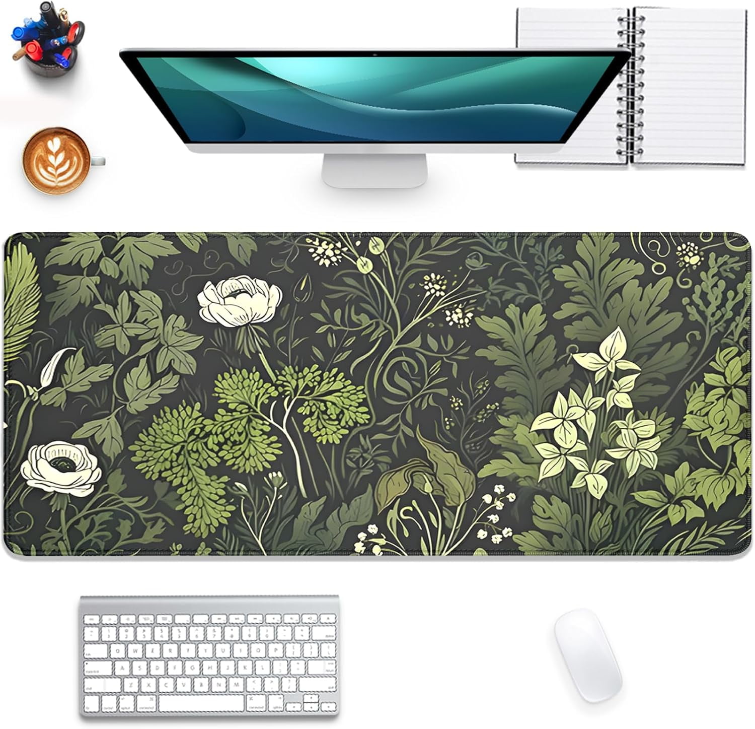 Sage Green Floral and Plant Desk Pad Mouse Pad,Large Gaming Mat with ...