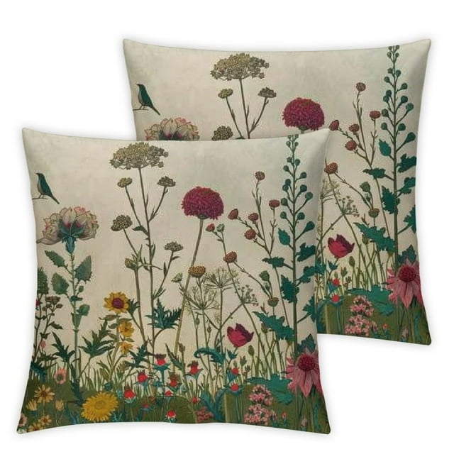 Sage Green Floral Plant Pillow Covers , Spring Wildflower Plant Throw ...