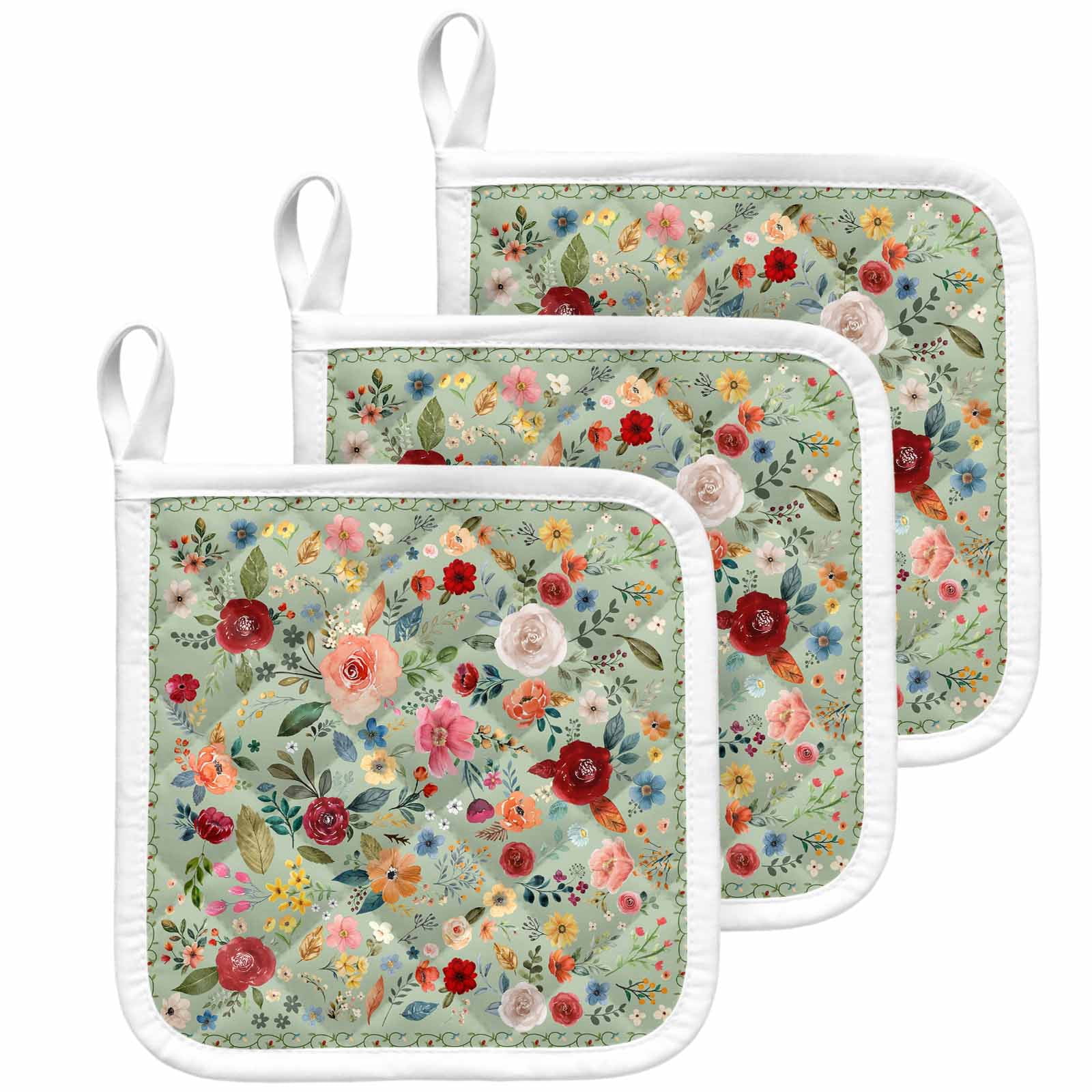 Sage Green Floral Pot Holders for Kitchen Heatproof Potholder, 3 Pack ...