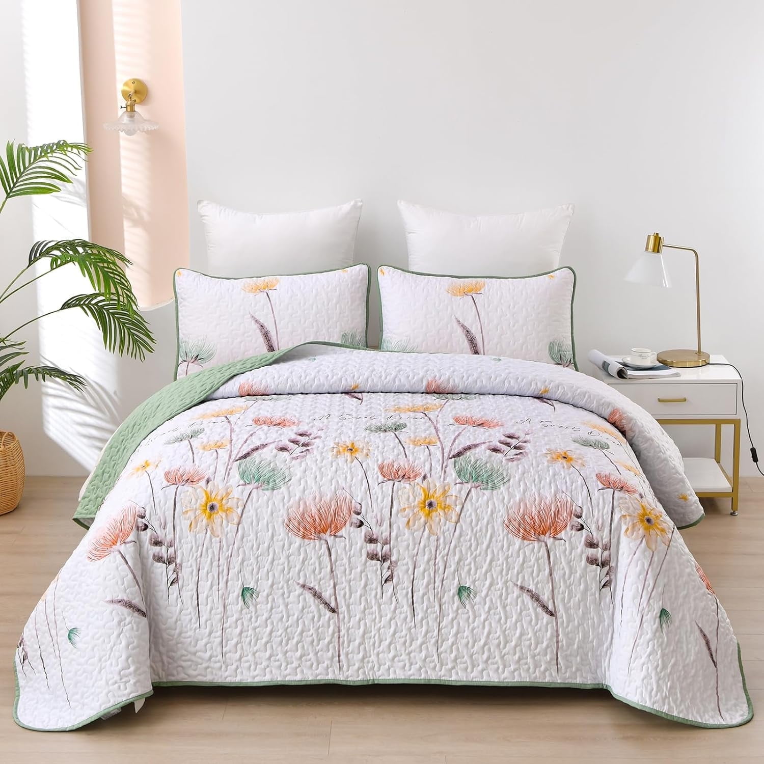 Sage Green Floral Quilt Set White Queen Size Bedspread Botanical 3 ...