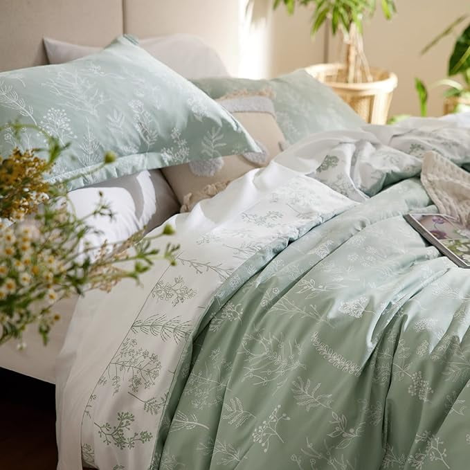 Sage Green Floral Reversible Duvet Cover Set 3 Piece Botanical Print ...