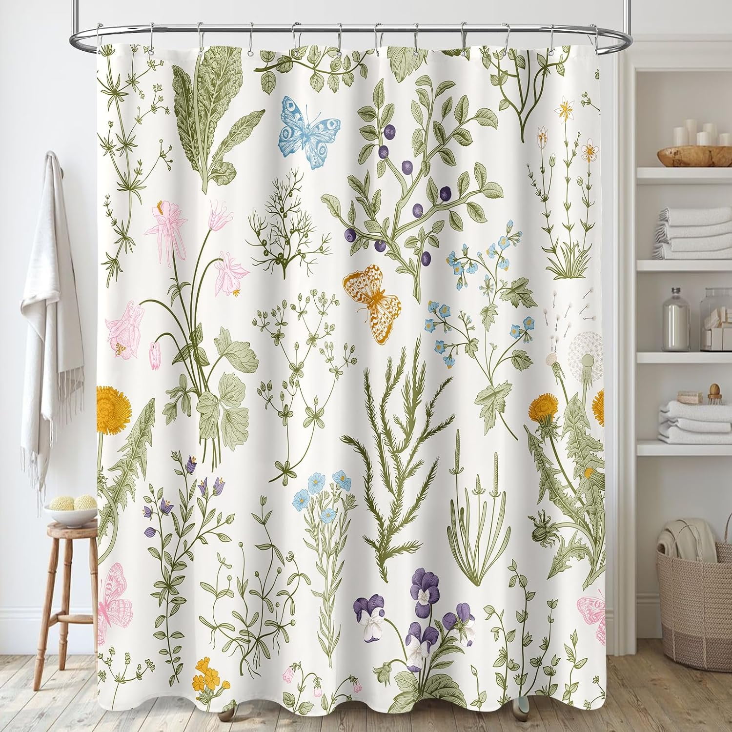 Sage Green Floral Shower Curtain, Spring Summer Cute Retro Botanical ...