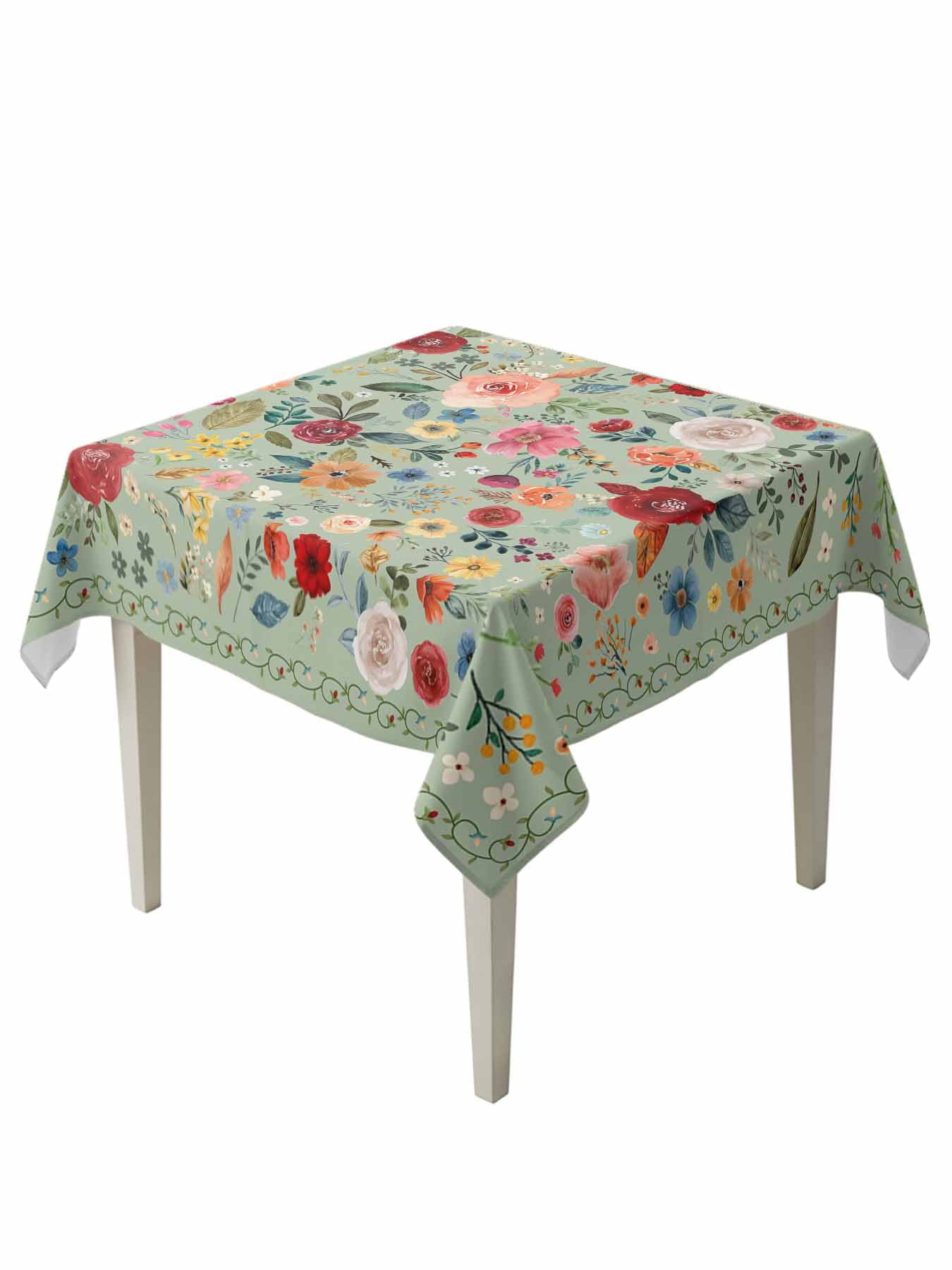Sage Green Floral Table Cloth, Spring Flowers Leaves Farmhouse ...