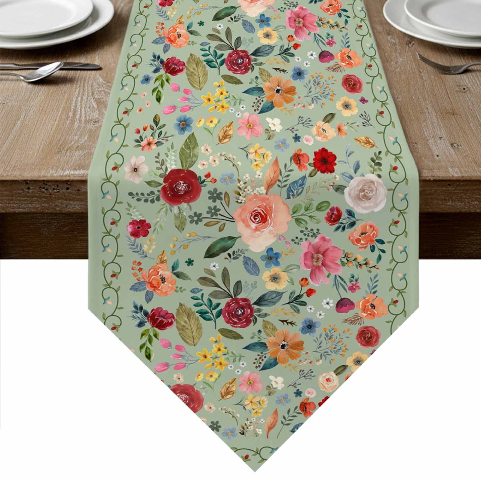 Sage Green Floral Table Runner Linen Burlap Table Runner 72 Inches Long ...
