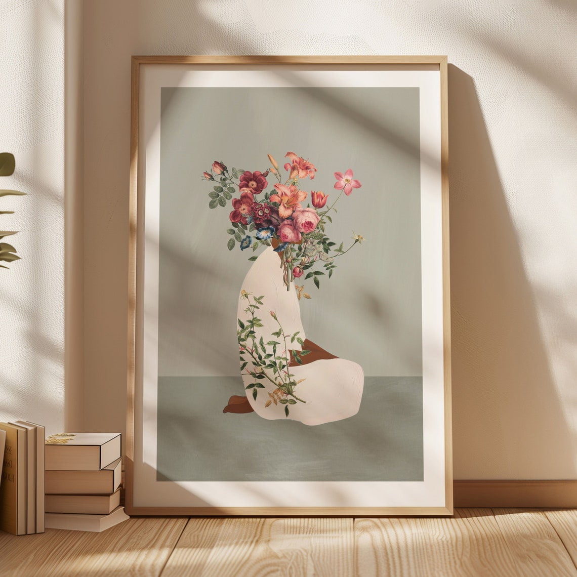 Sage Green Flower Head Woman Wall Art, Bloom Botanical Print, Large ...