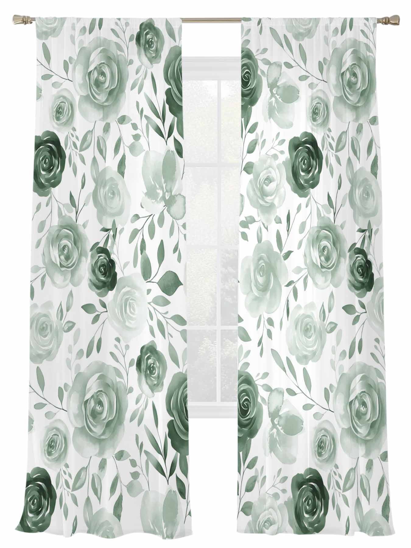 Sage Green Flower Sheer Curtains 84 Inch Length 2 Panels Set, Semi ...