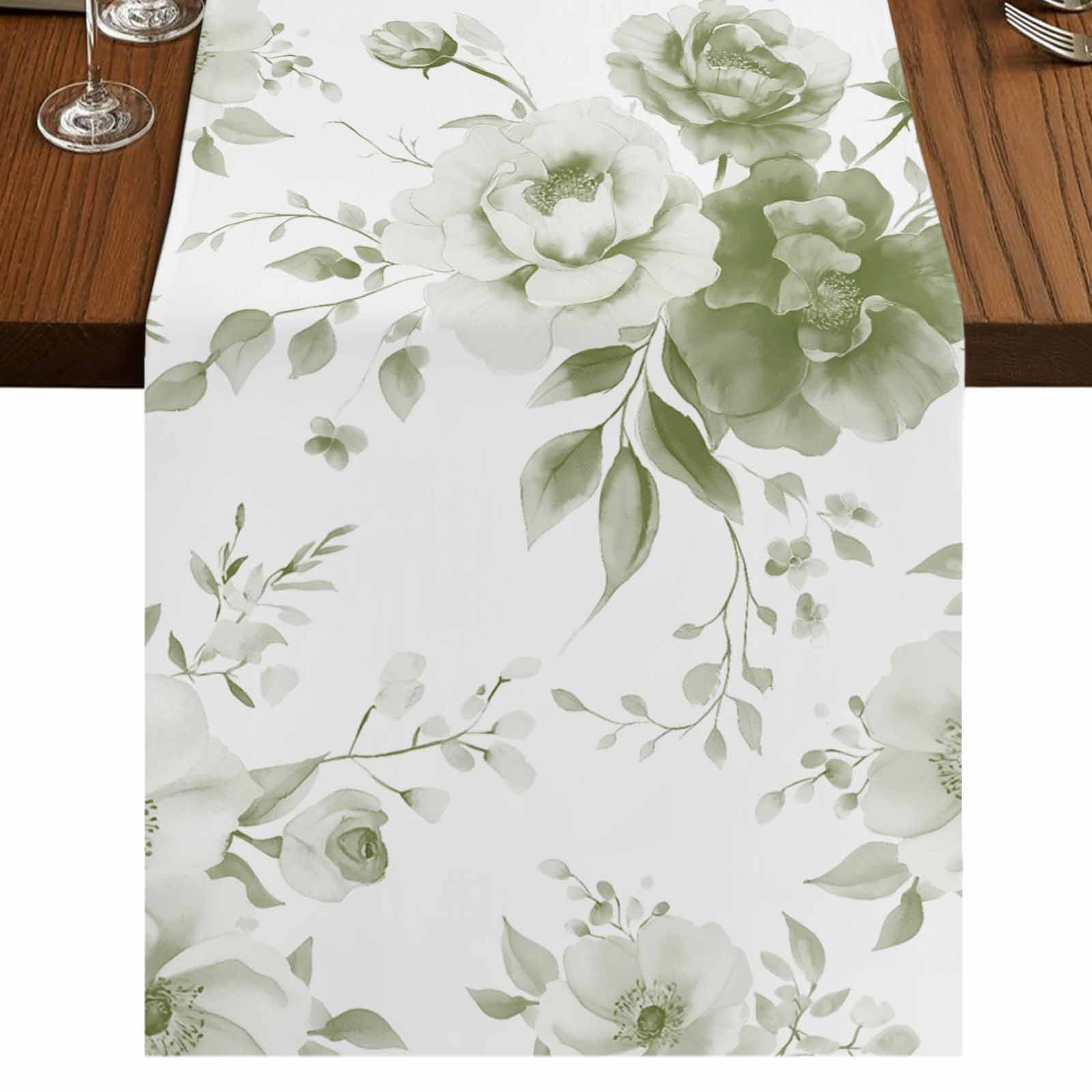 Sage Green Flower Short Table Runner 48 Inches Long,Watercolor Gradient ...