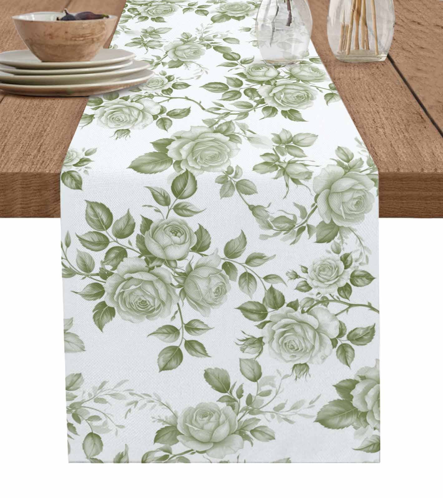 Sage Green Flower Table Runner 108 Inches, Vintage Country Rose Leaf ...