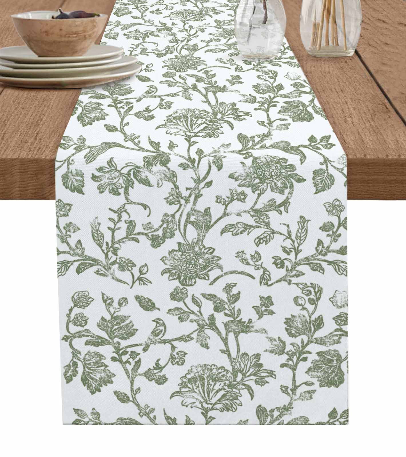 Sage Green Flower Table Runner 120 Inches, Vintage Farmhouse Boho Leaf ...