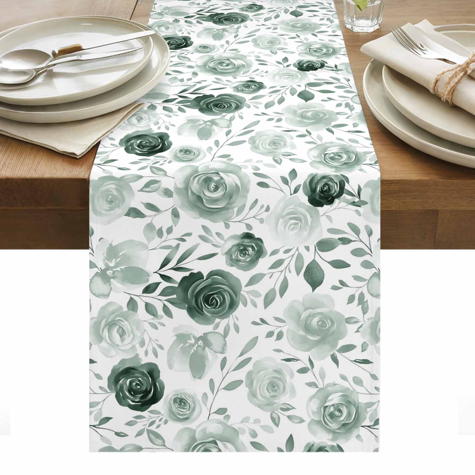 Sage Green Flower Table Runner - 90 Inch Long, Kitchen Dining Table ...