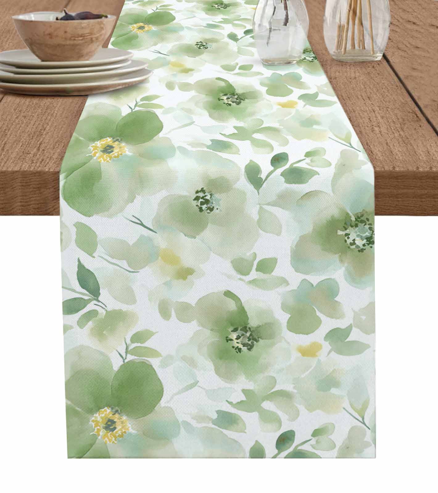Sage Green Flower Table Runner Cotton Linen 120 Inch Holiday Dresser ...