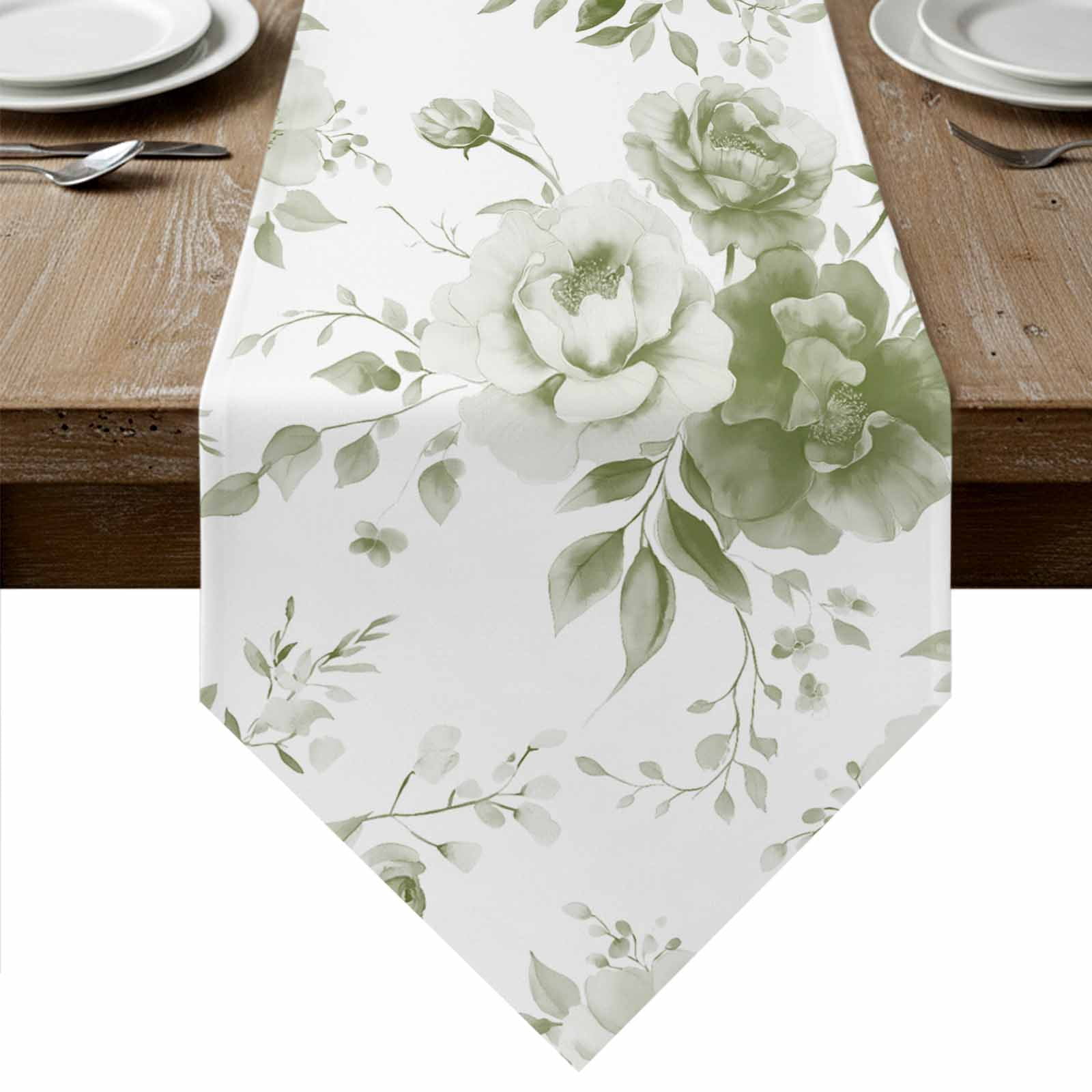 Sage Green Flower Table Runner Linen Burlap Table Runner 36 Inches ...