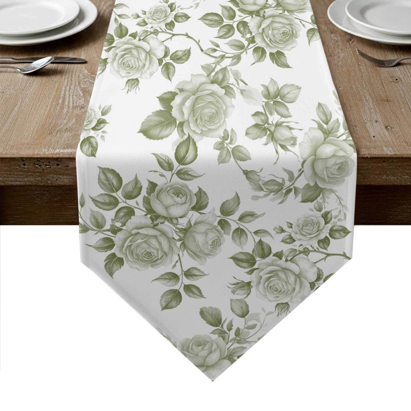 Sage Green Flower Table Runner Linen Burlap Table Runner 72 Inches Long ...