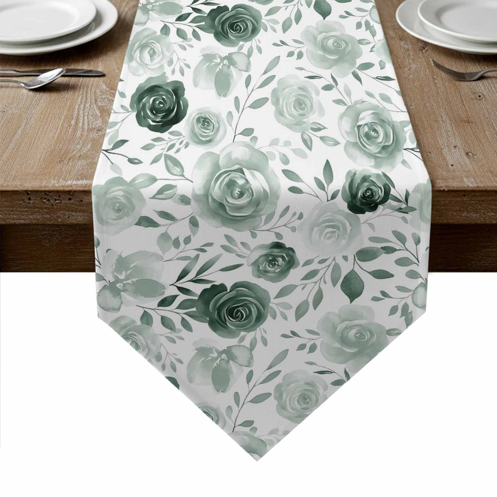Sage Green Flower Table Runner Linen Burlap Table Runner 72 Inches Long ...
