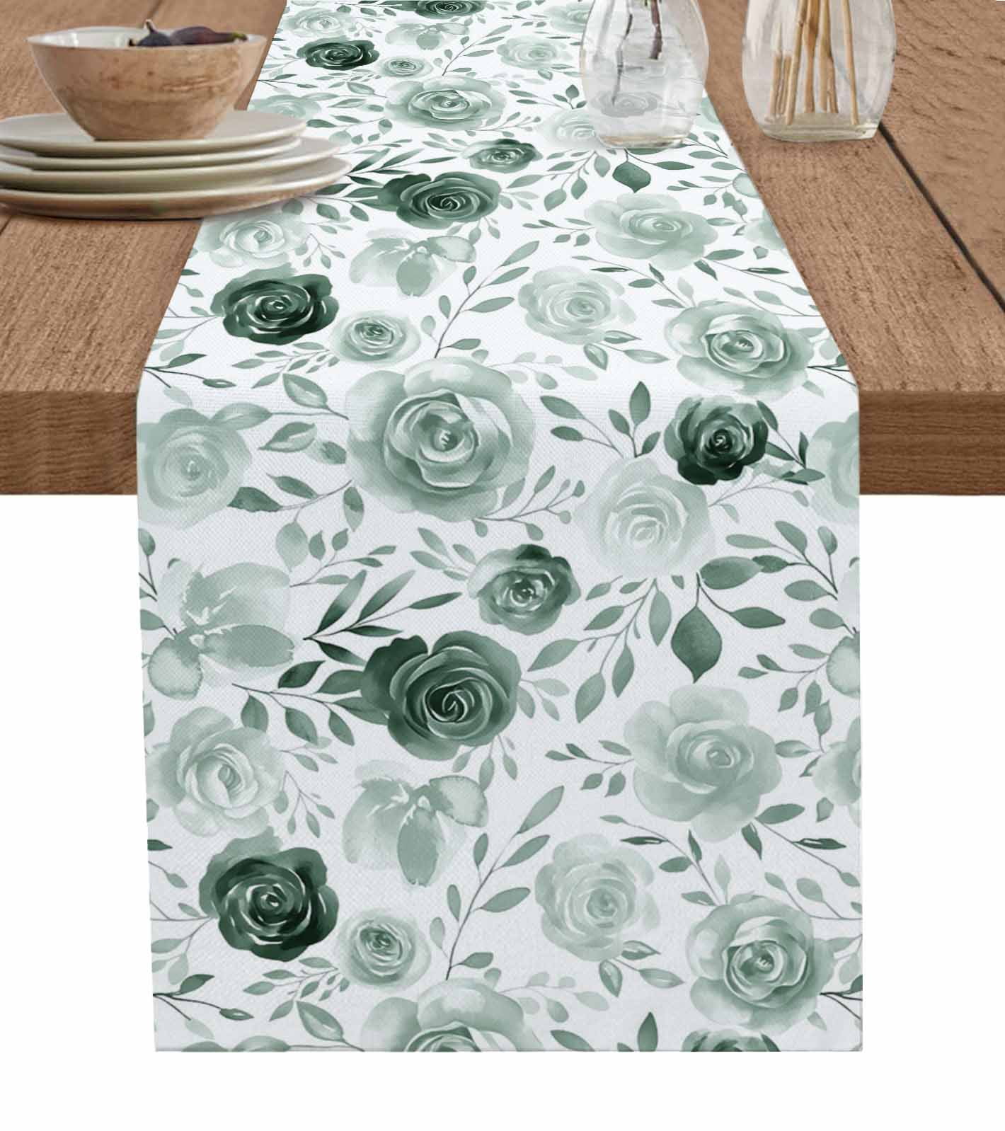 Sage Green Flower Table Runner Vintage Rose Floral Botanical Leaf Tablerunners 13 x 72 Inch ...