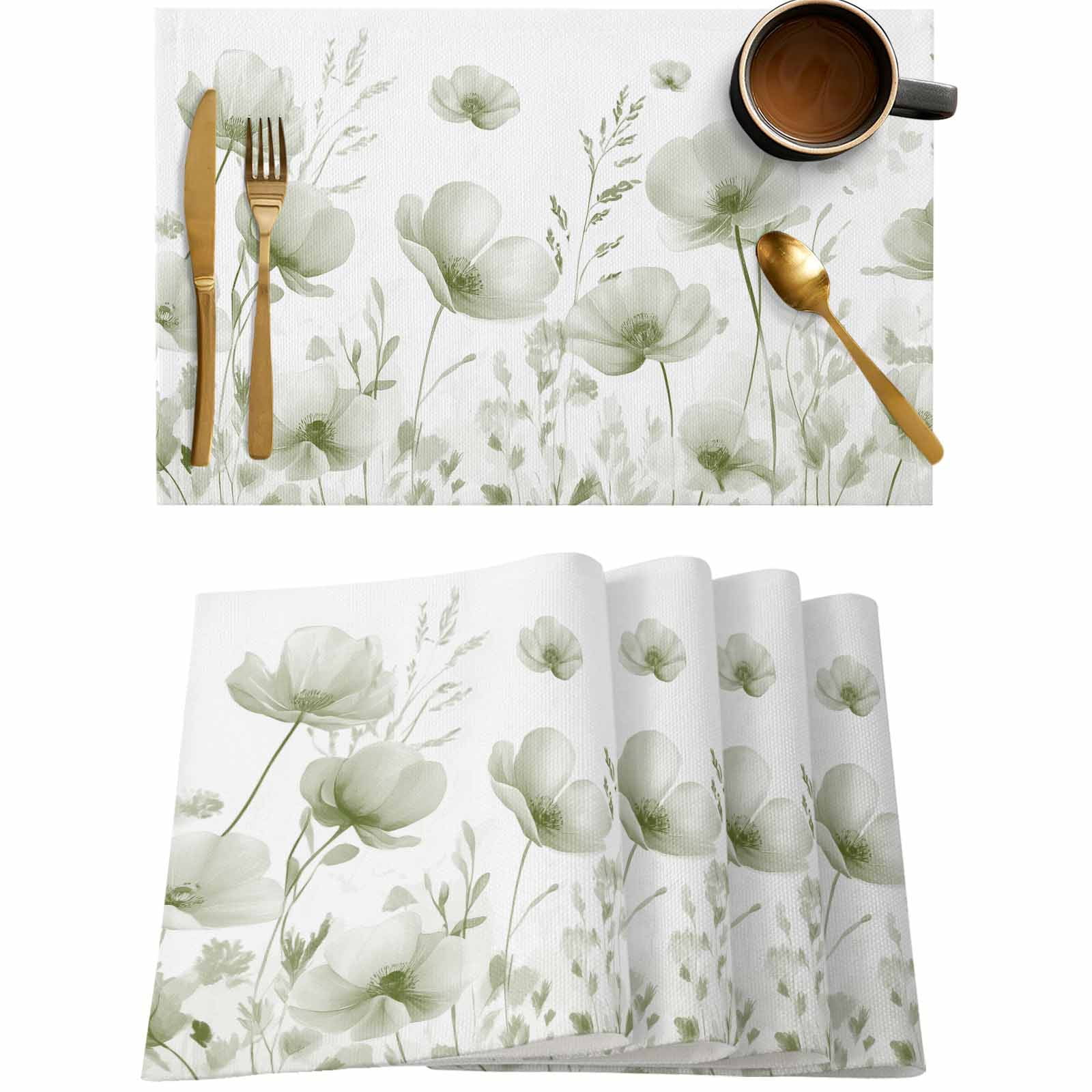 Sage Green Flower Watercolor Gradient Placemats Set of 4,Wipeable ...