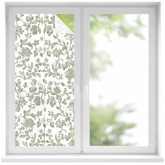 Sage Green Flower Window Privacy Film, Vintage Farmhouse Boho Leaf ...