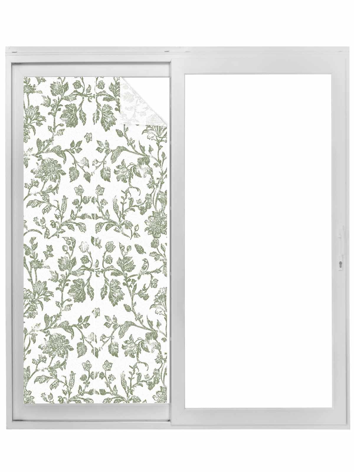 Sage Green Flower Window Privacy Film, Vintage Farmhouse Boho Leaf ...