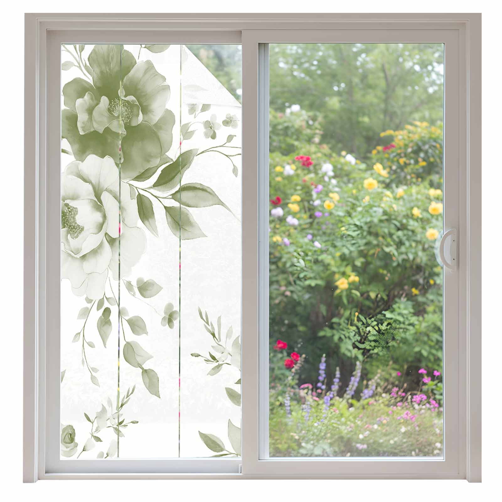 Sage Green Flower Window Privacy Film, Watercolor Gradient Retro Floral ...