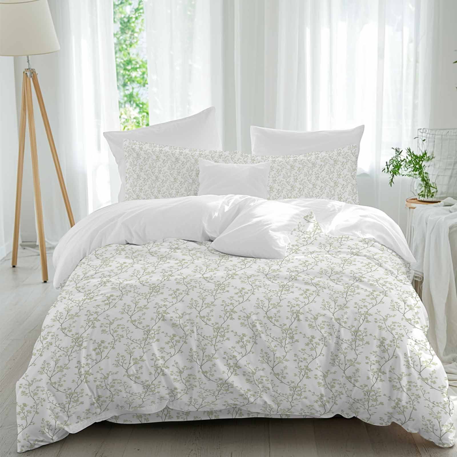 Sage Green Flowers Duvet Cover Set Twin Size Branches Plants Soft ...