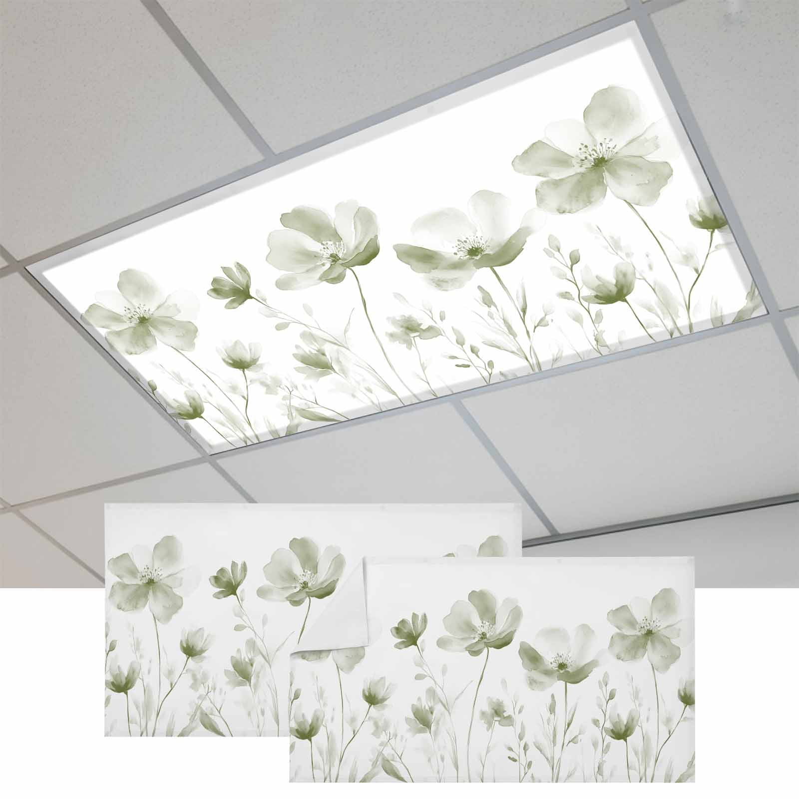 Sage Green Flowers Magnetic Fluorescent Light Covers for Ceiling Lights ...