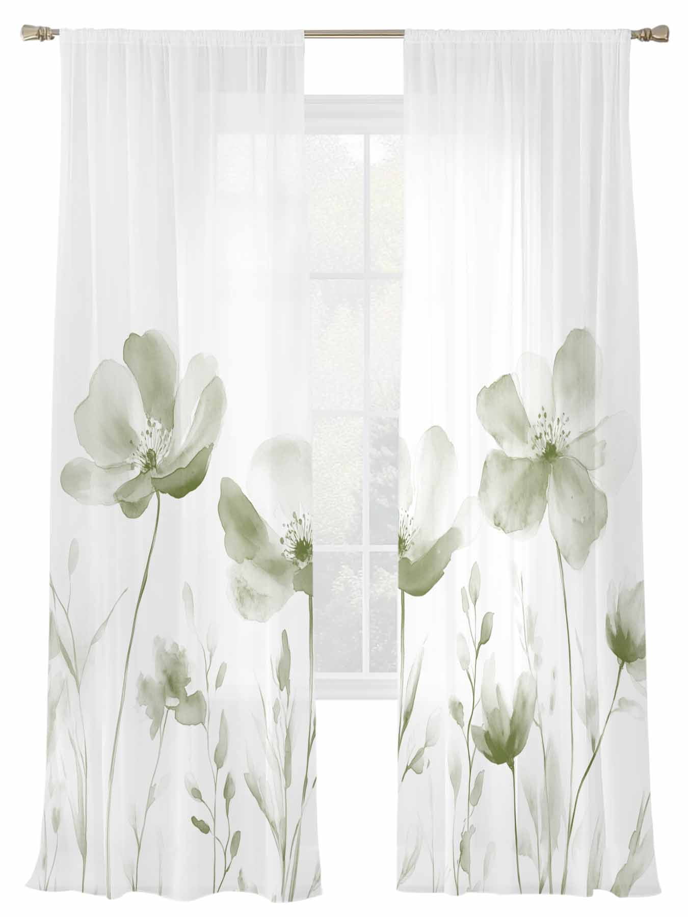 Sage Green Flowers Sheer Curtains 2 Panels Set Watercolor Plants Sheer ...