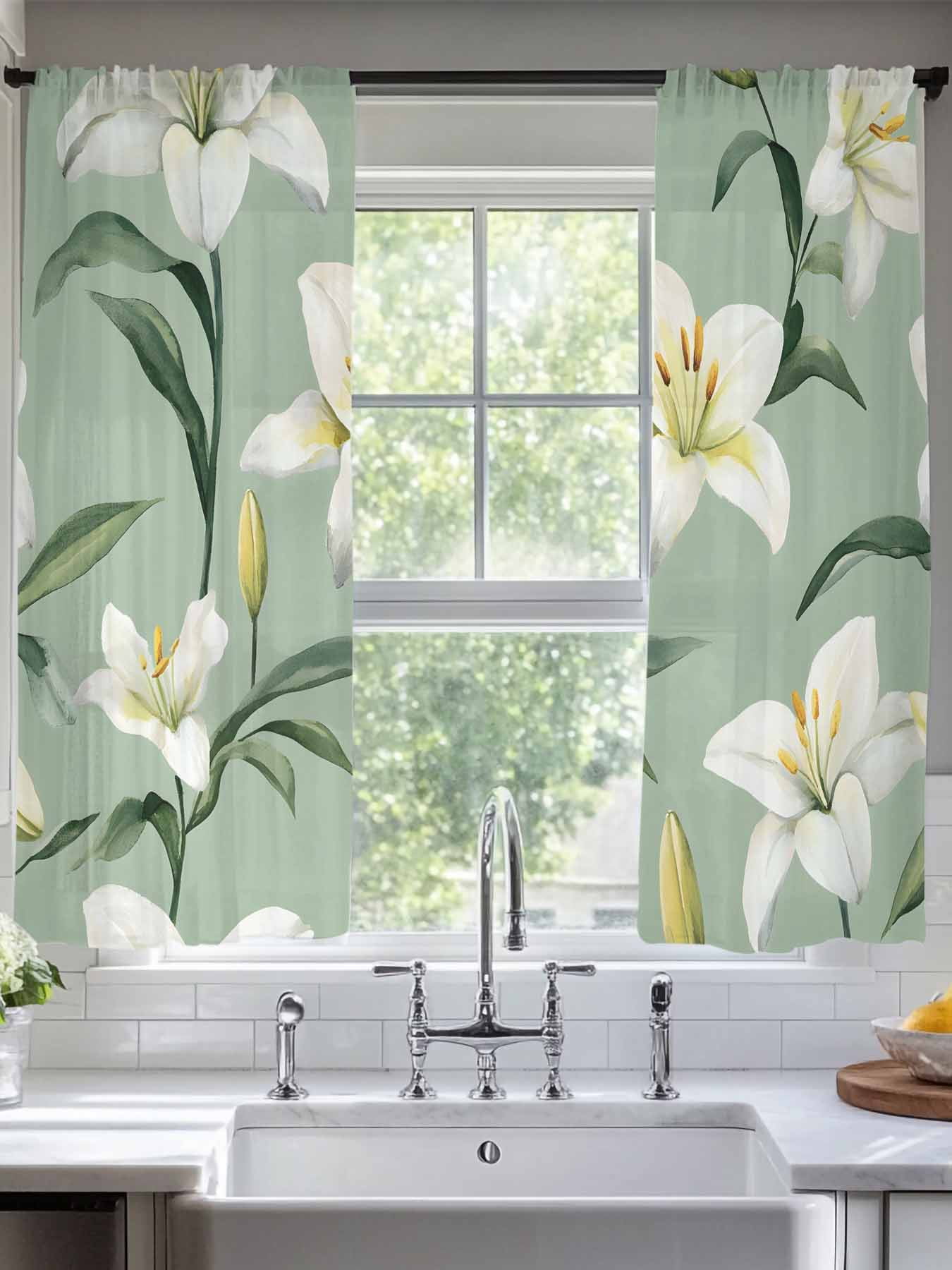 Sage Green Flowers Sheer Curtains for Living Room Bedroom Spring Floral ...