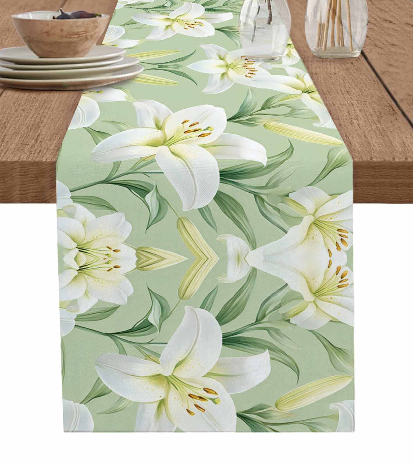 Sage Green Flowers Table Runner 108 Inches, Spring Floral Botanical ...