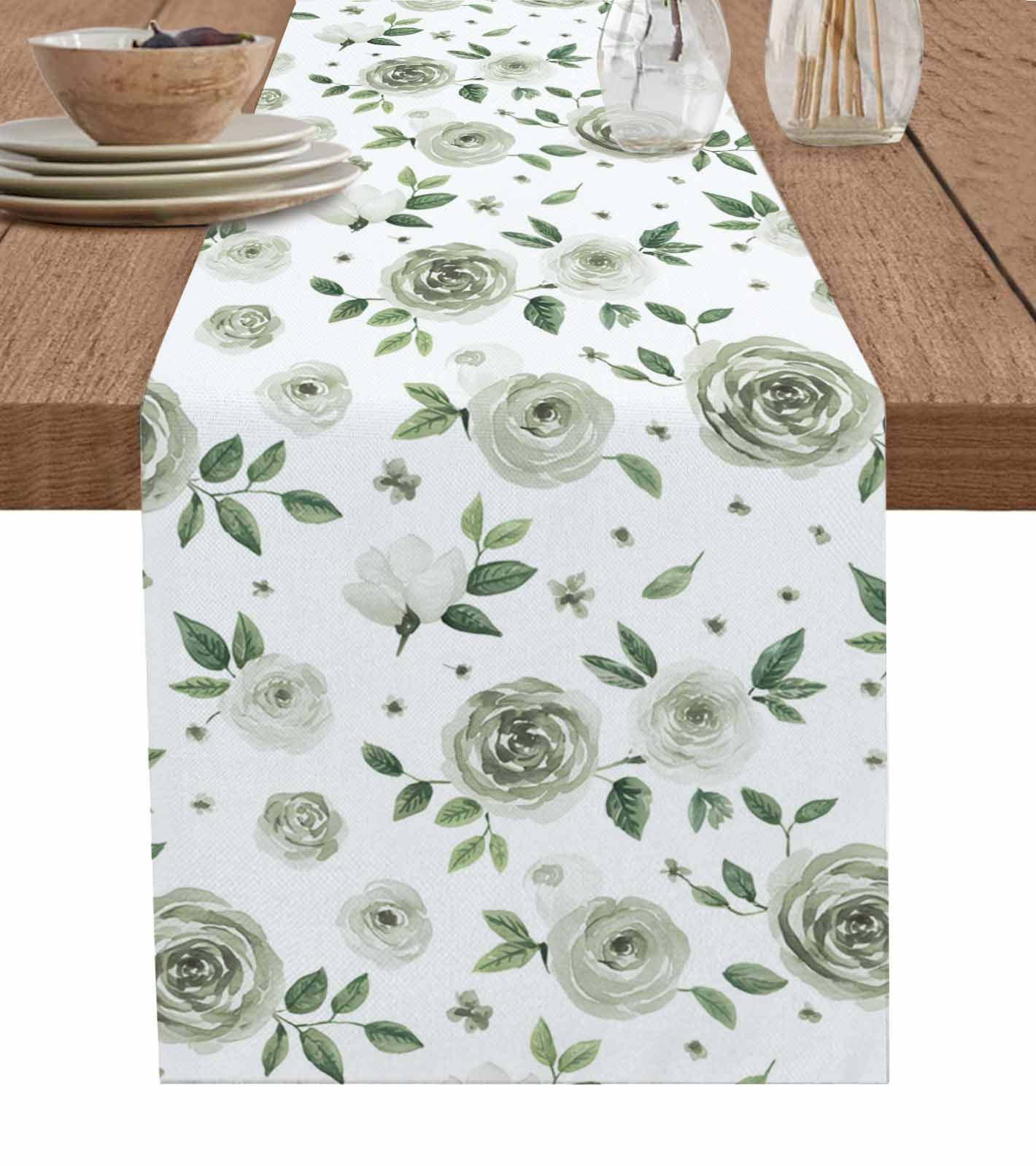 Sage Green Flowers Table Runner 72 Inches, Country Botanical Floral ...