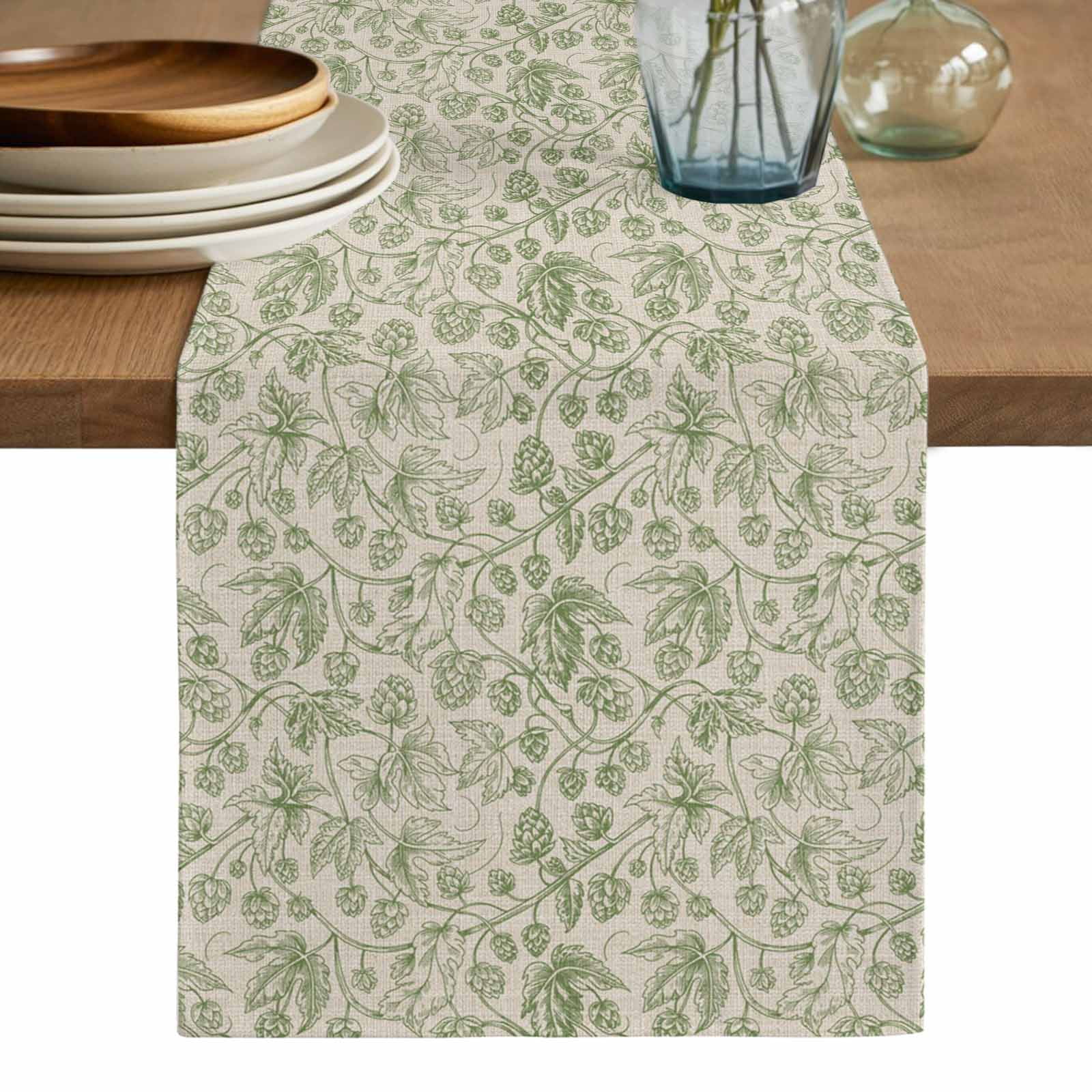 Sage Green Flowers Table Runner, Rustic Pastoral Botanical Floral Leaf ...