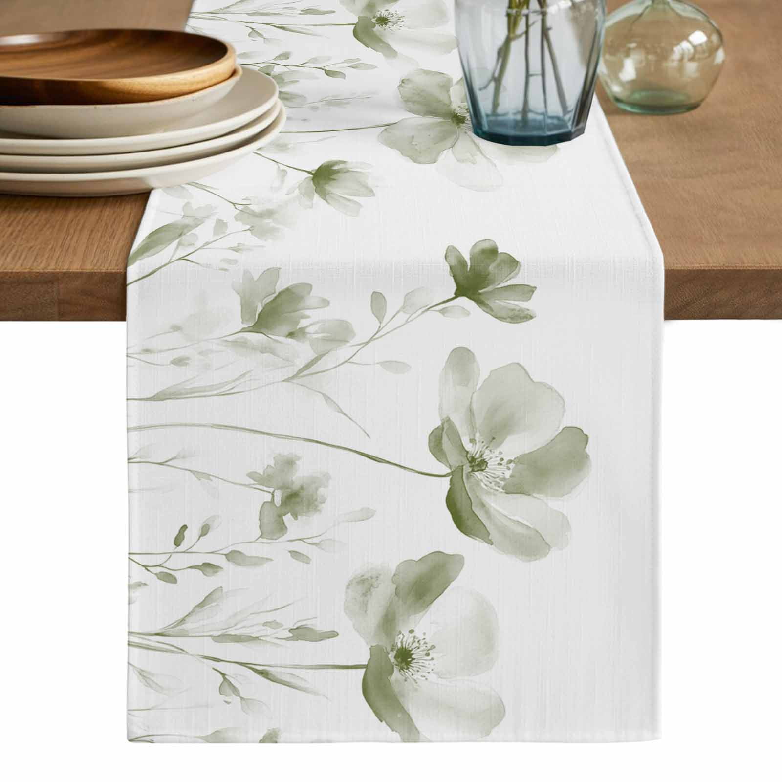 Sage Green Flowers Table Runner, Watercolor Retro White Floral Leaves ...