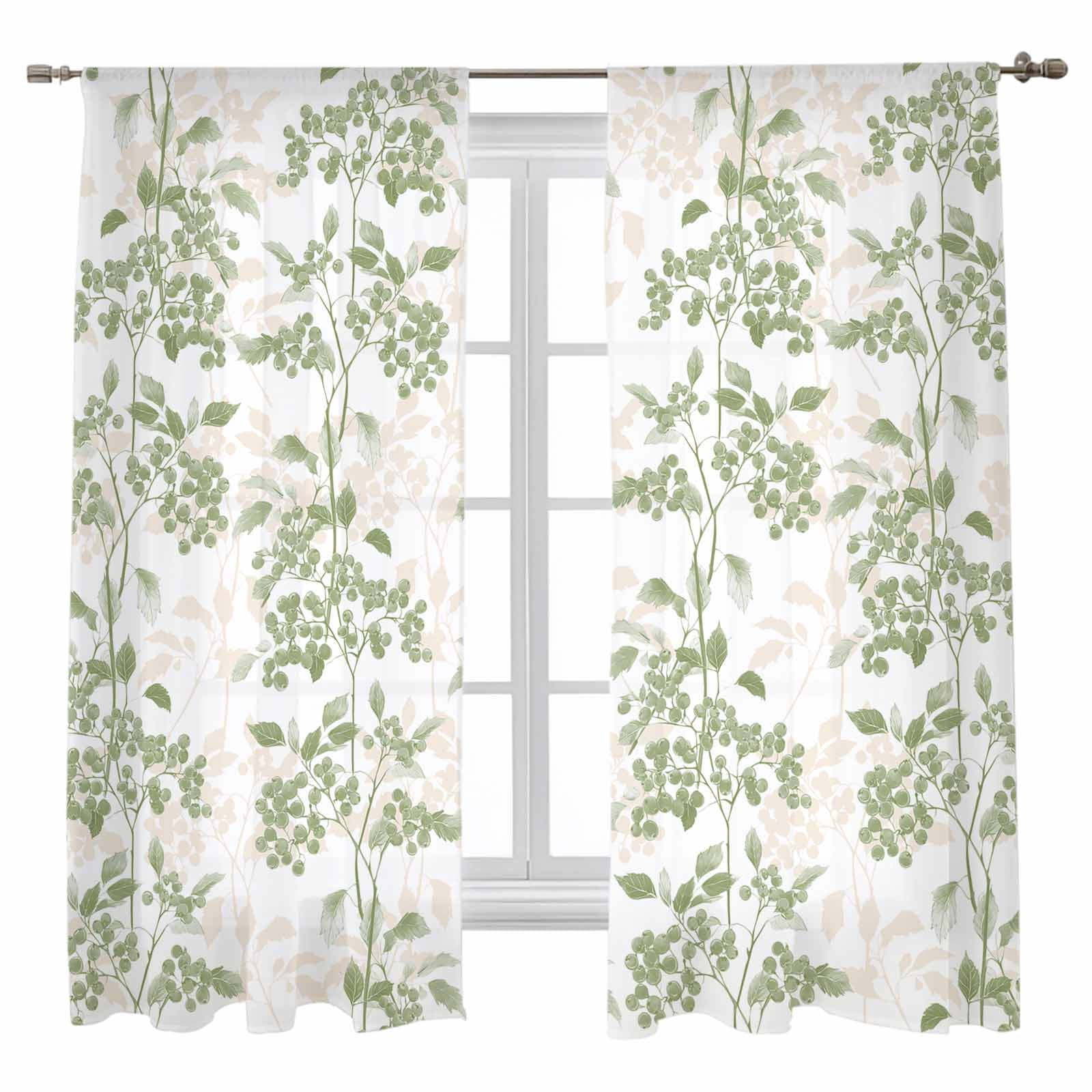 Sage Green Fruit Sheer Curtains 63 inches Long, Plant Nature Vintage ...