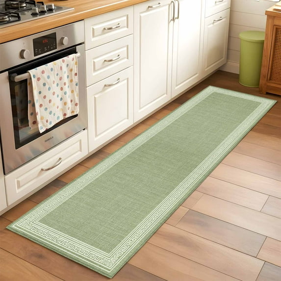 Sage Green Geometric 2x6 Kitchen Runner Rug, White Greek Key Design ...