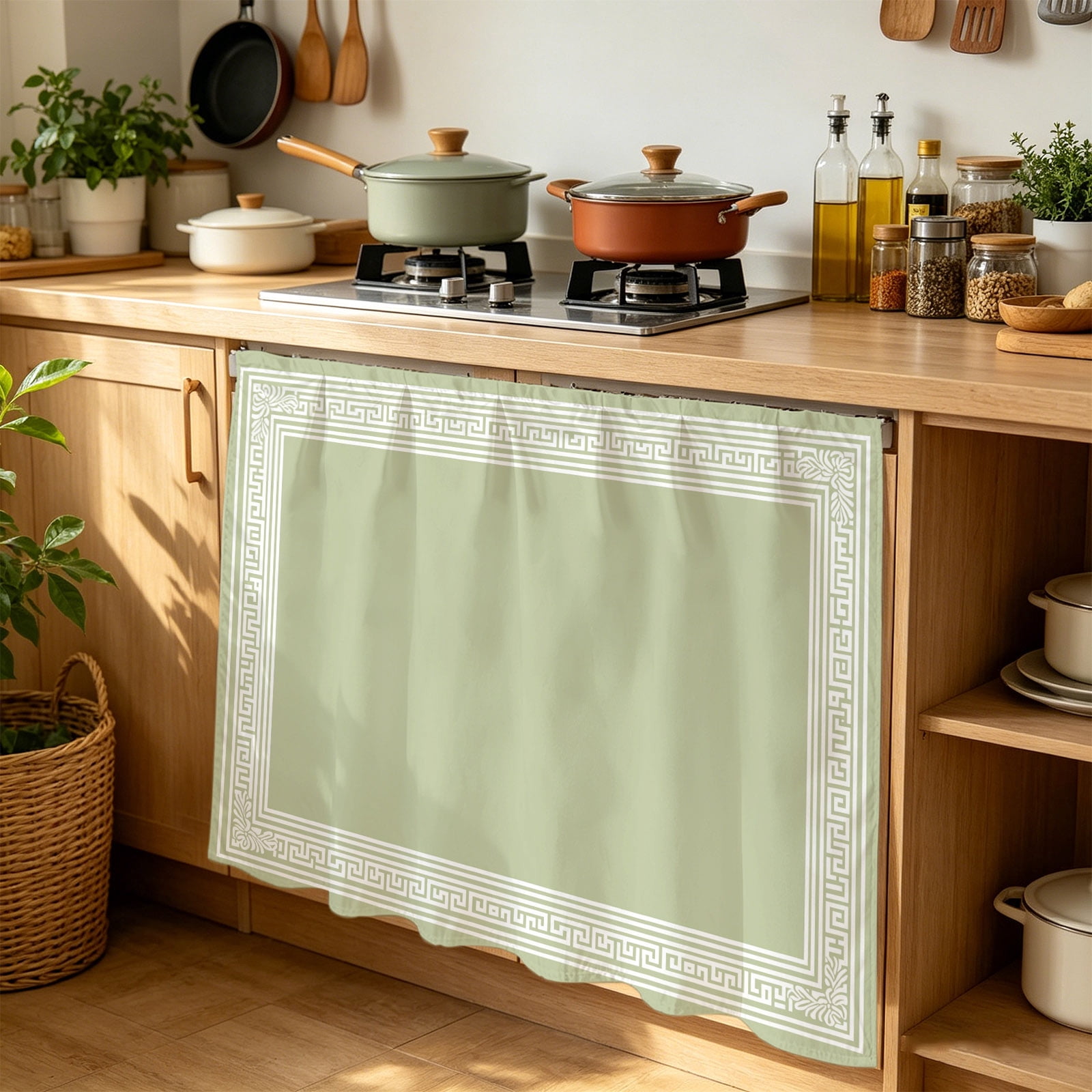 Sage Green Geometric Cabinet Curtains 35"W x 35"L, White Greek Key ...