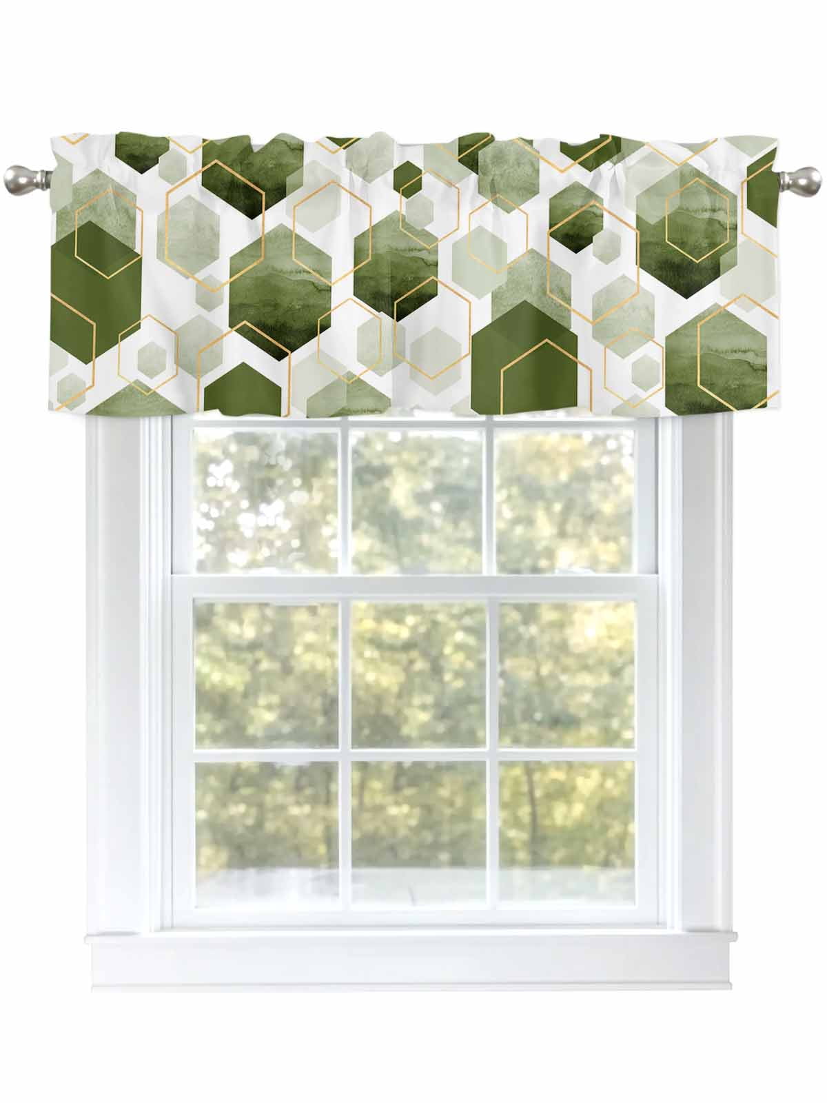 Sage Green Geometric Curtain Valances for Windows, Gold White Hexagon ...