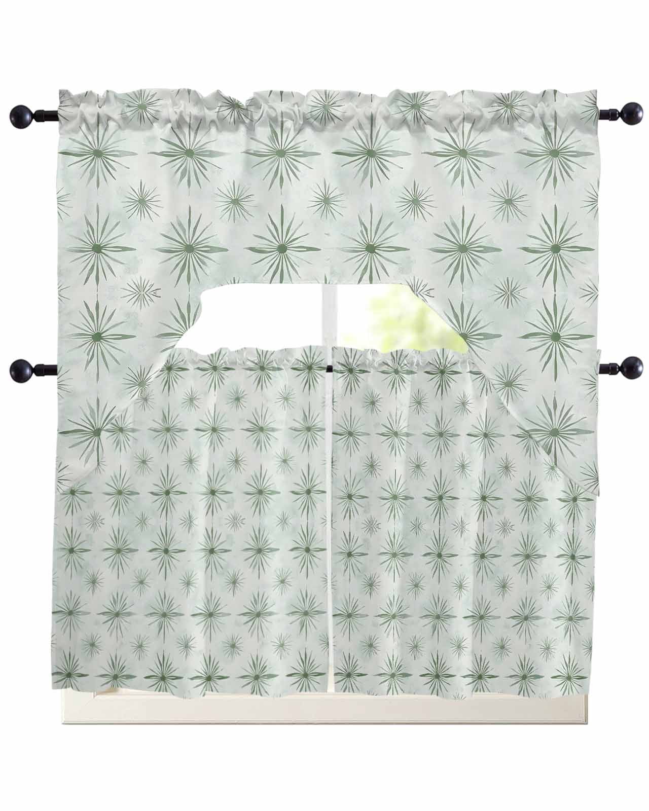 Sage Green Geometric Kitchen Curtains Swag Valance and Tier Curtains ...