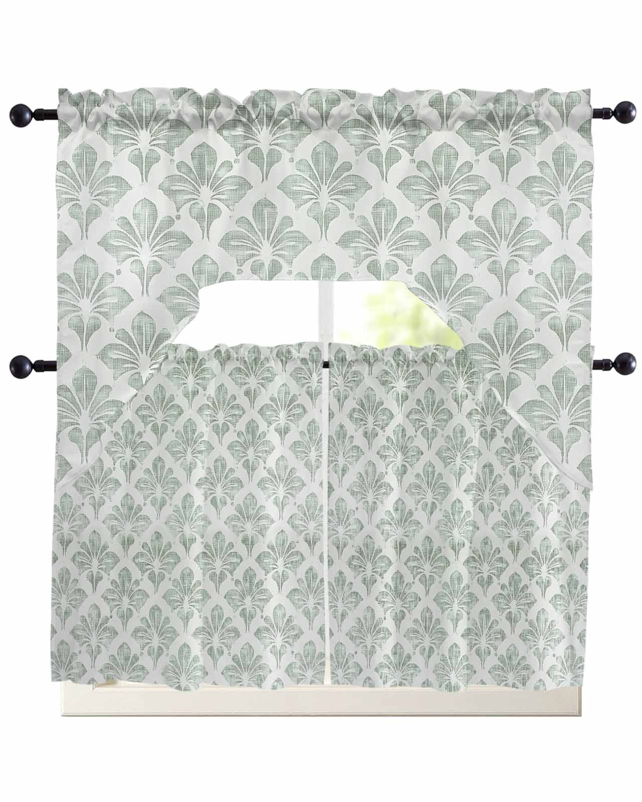 Sage Green Geometric Kitchen Curtains Swag Valance and Tier Curtains ...