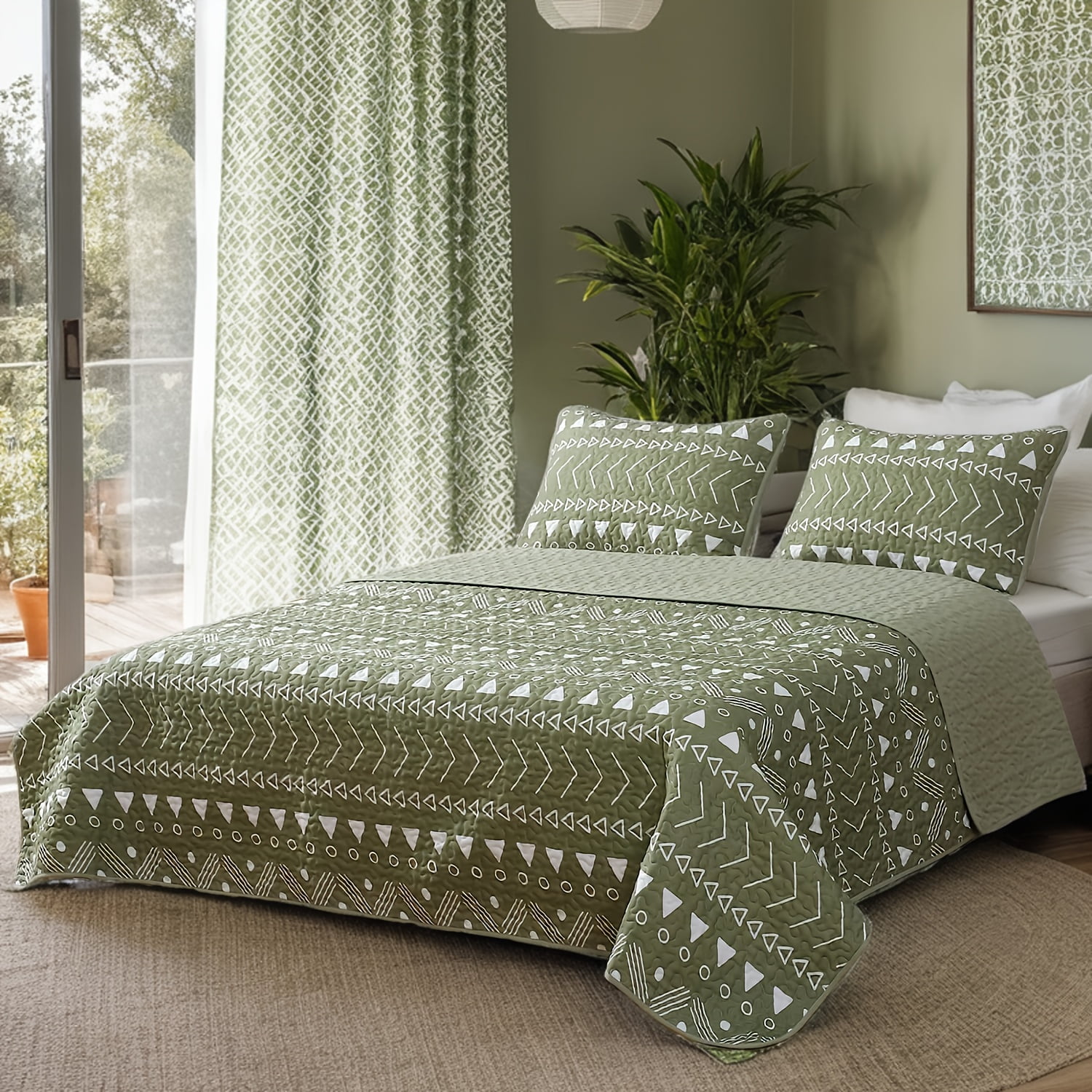 Sage Green Geometric Print Quilt Sets 3 Pieces,1400 Thread Count ...