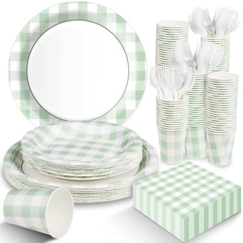 Sage Green Gingham Disposable Plates and Napkins Party Supplies, Green ...