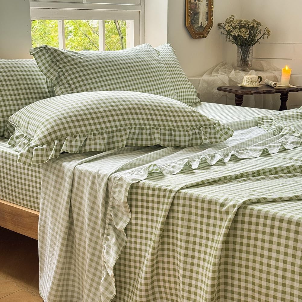Sage Green Gingham Ruffle Queen Sheet Set, Green Soft Pre-Washed ...