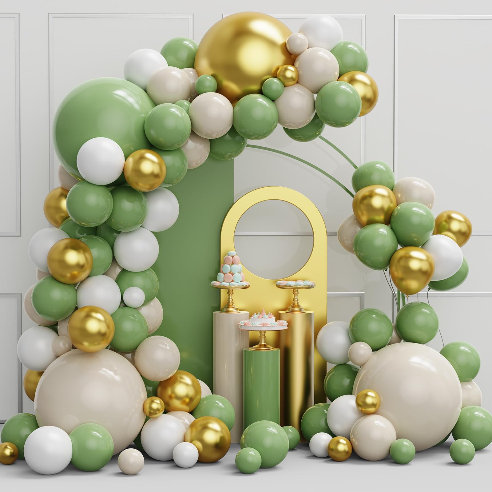 Sage Green Gold Balloons Garland Arch BSL1 Kit, 134pcs Shower Party Balloons White Gold Balloons ...