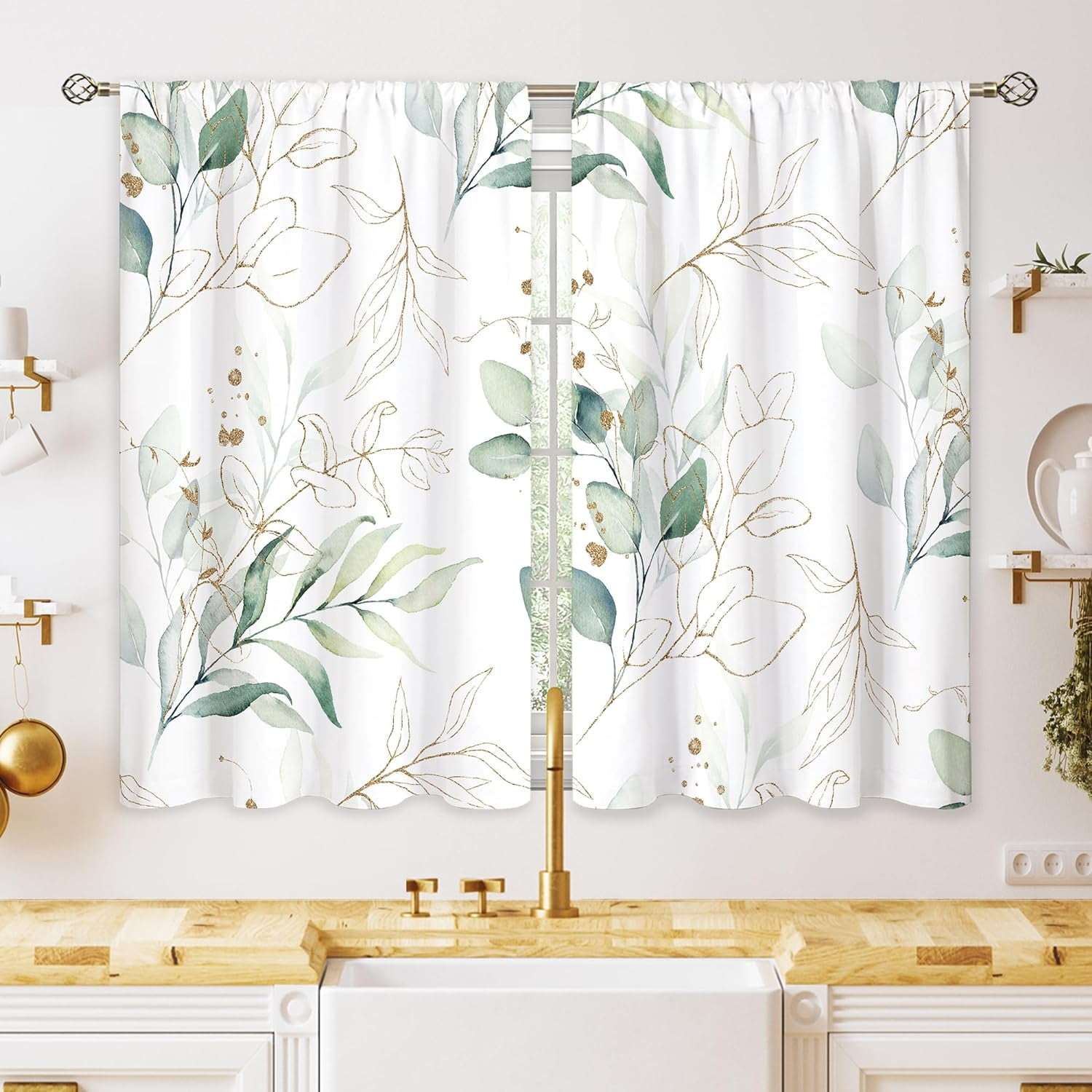 Sage Green Gold Eucalyptus Leaves Small Kitchen Curtains Botanical ...