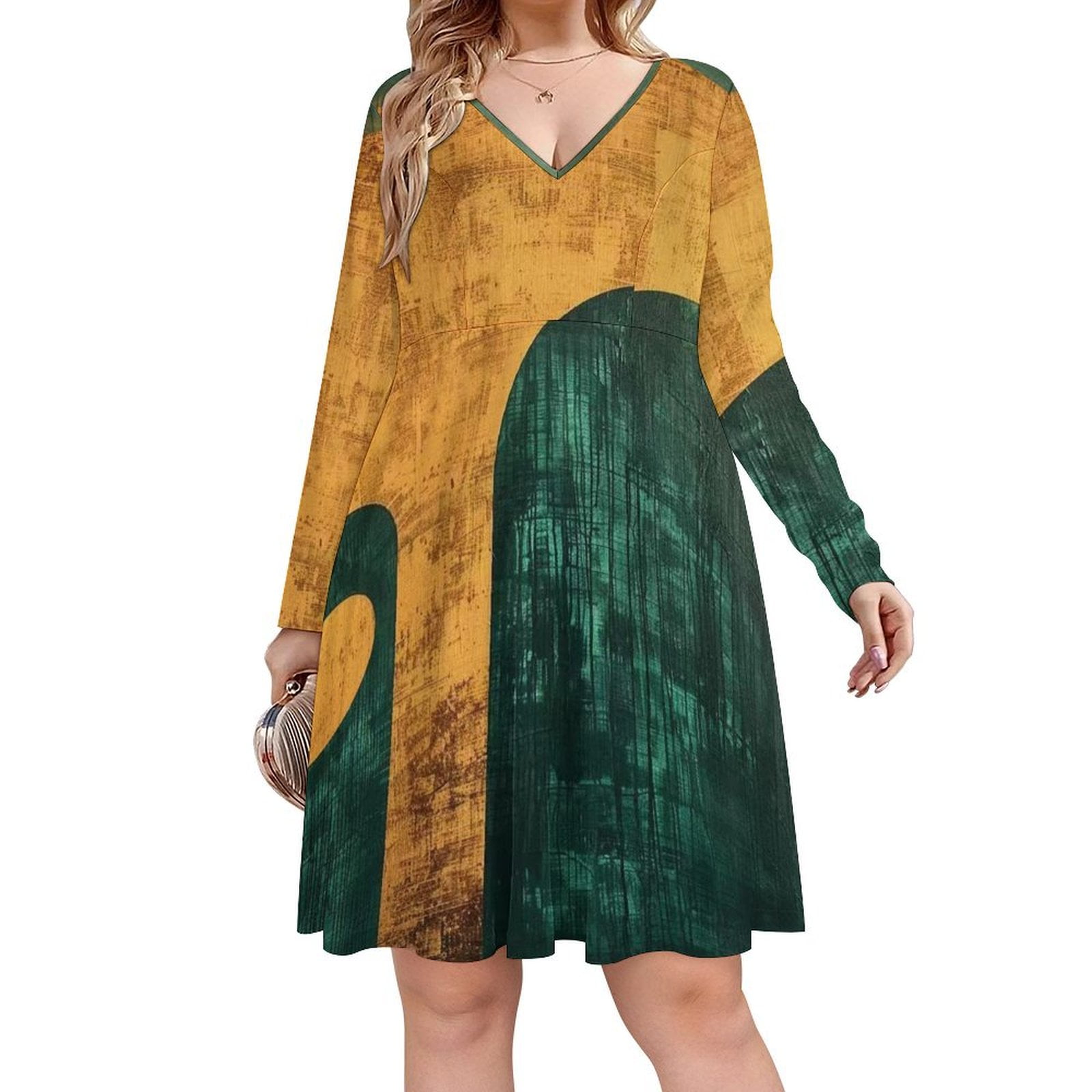 Sage Green Gold Geometric Long Sleeve Dresses For Women Vintage Elegant ...
