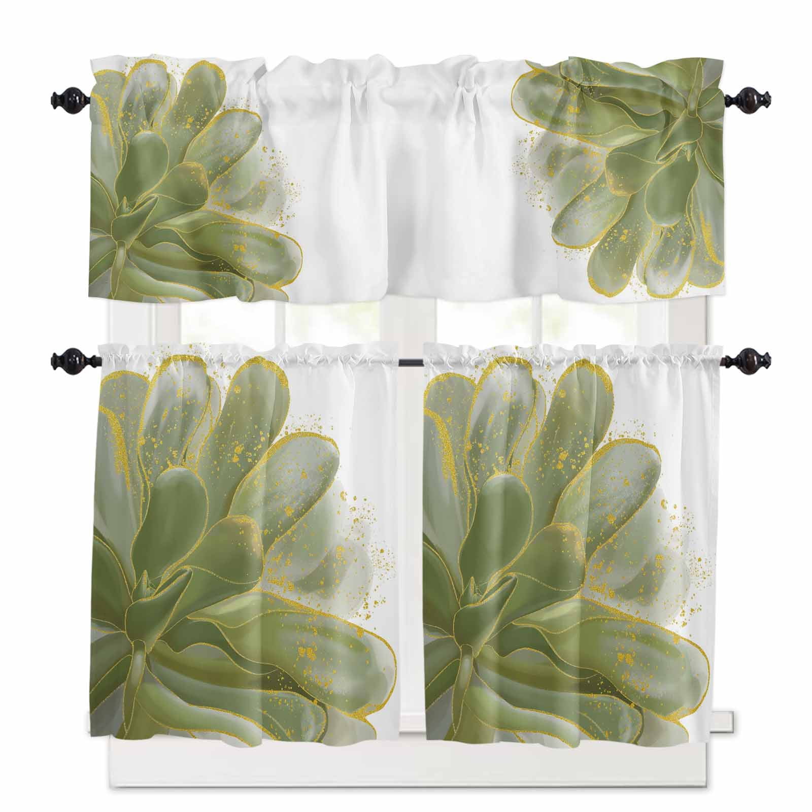 Sage Green Gold Kitchen Curtains Set for Windows 3 Pieces,36 Inch ...
