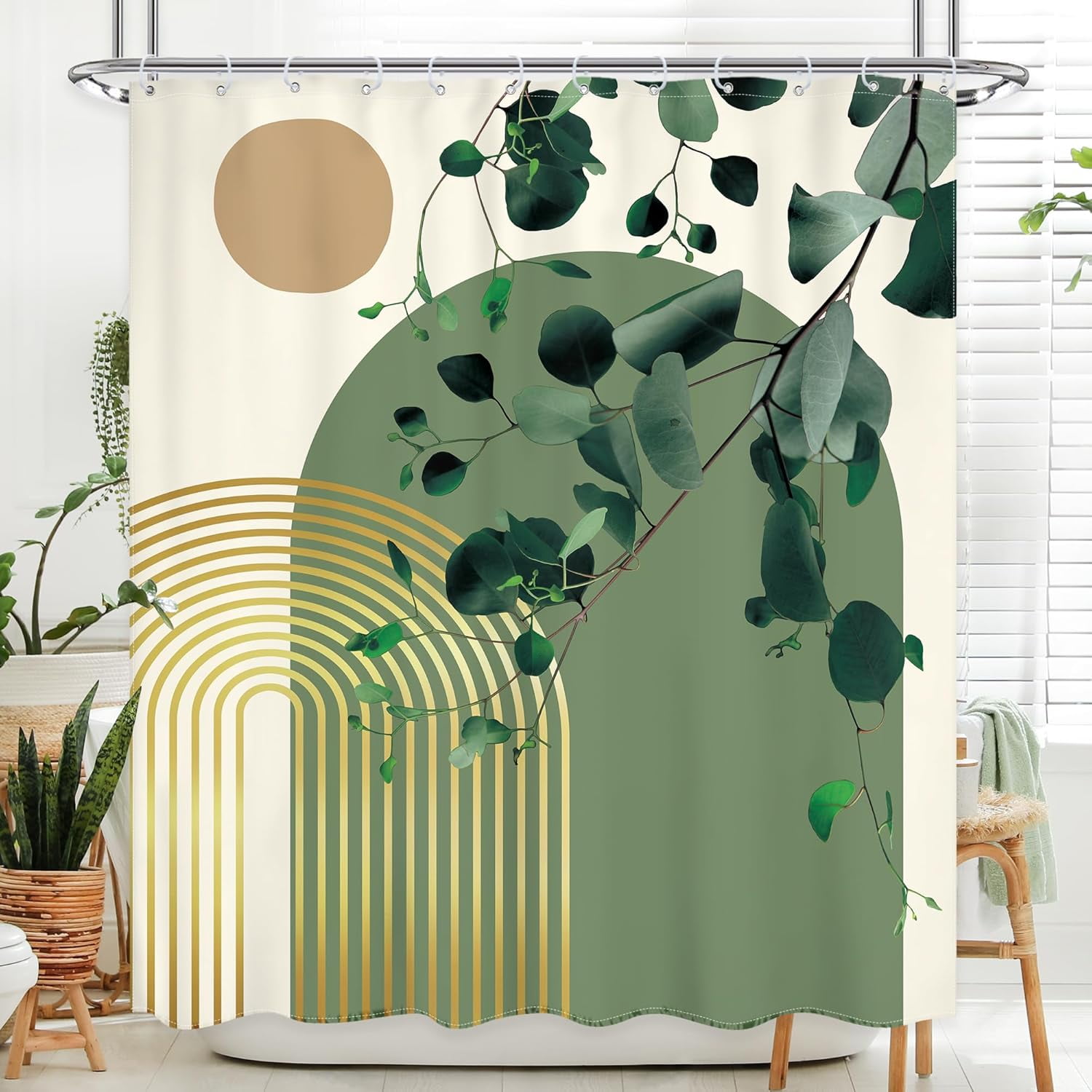 Sage Green Gold Mid Century Modern Shower Curtain 72Wx72L Inch Boho ...