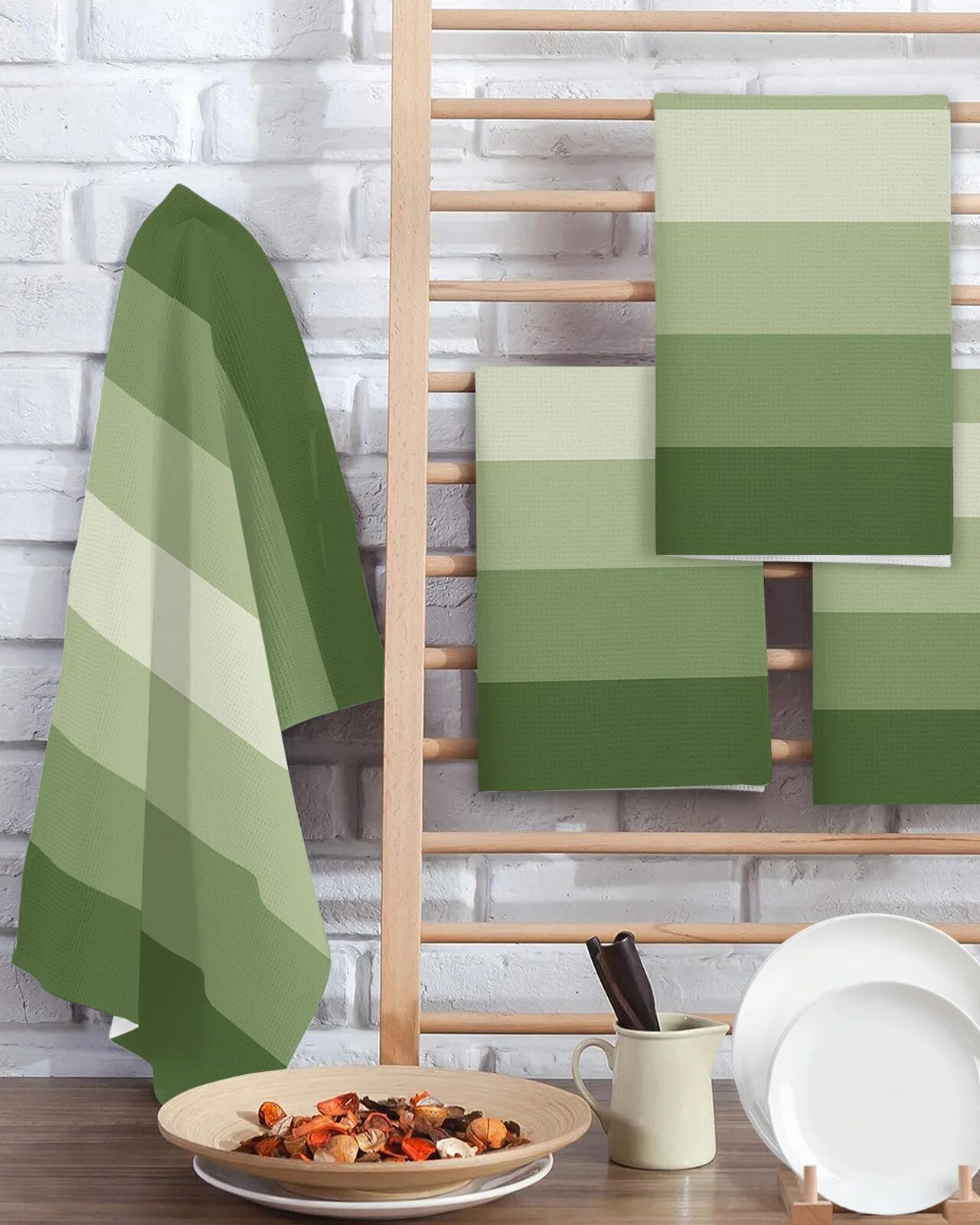 Sage Green Gradient Stripe Waffle Microfiber Kitchen Towel Soft ...